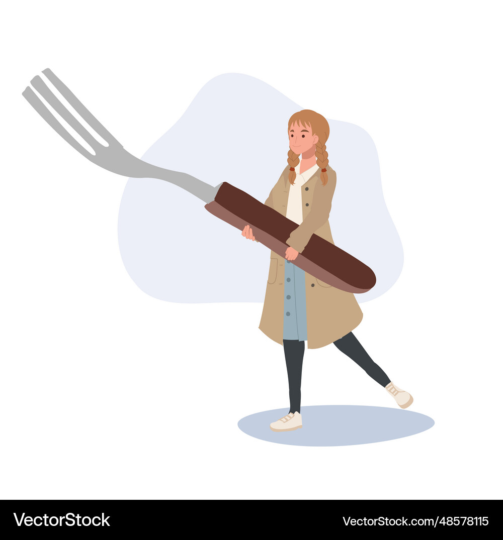 Tiny human holding a fork woman with giant Vector Image