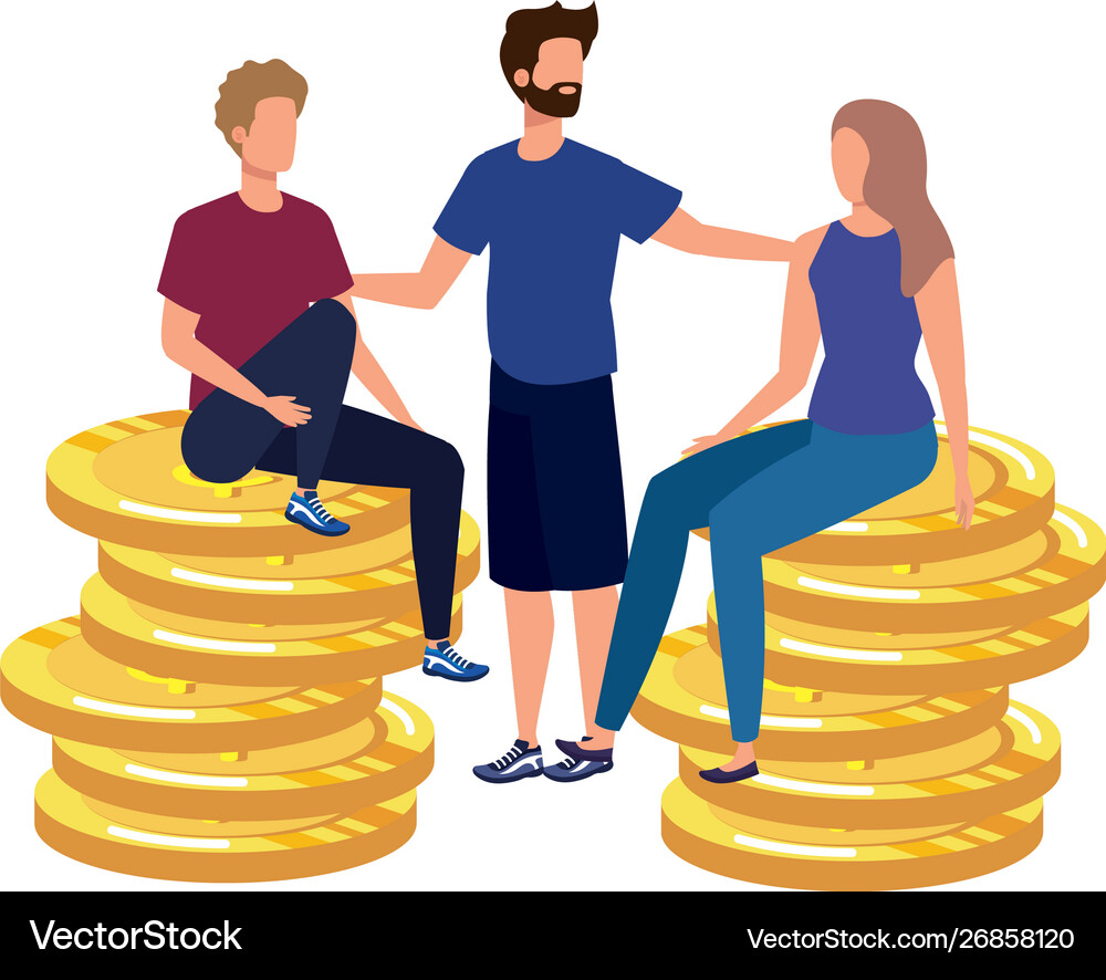 Group people with coins money dollars Royalty Free Vector