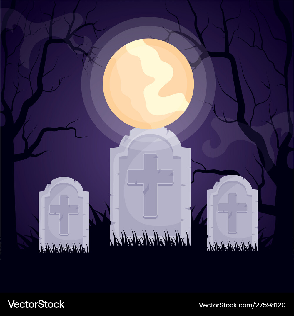 Halloween dark cemetery scene icon Royalty Free Vector Image