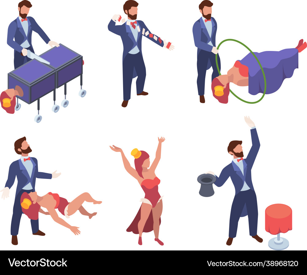 Magician isometric circus show scenes Royalty Free Vector