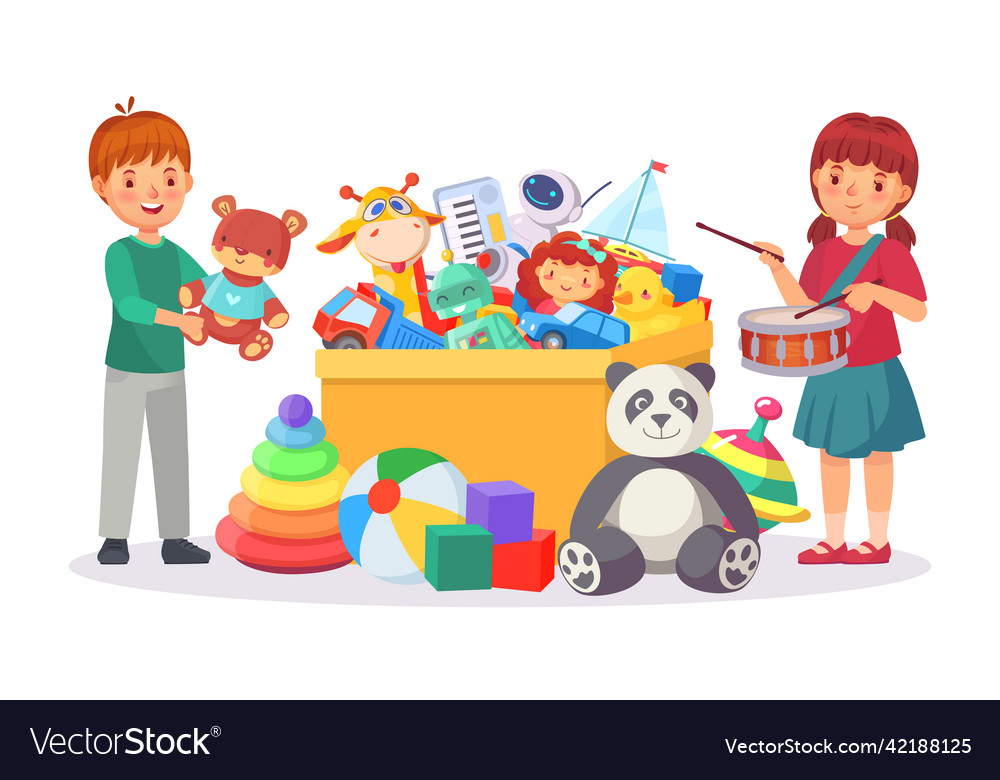 Cheerful kids playing with toys in box together Vector Image