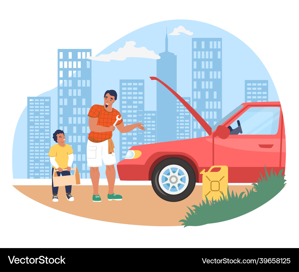 Father fixing broken car with son holding toolbox Vector Image