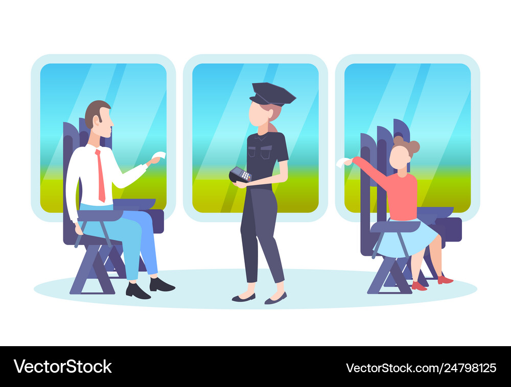 Inspector woman checking tickets passengers Vector Image