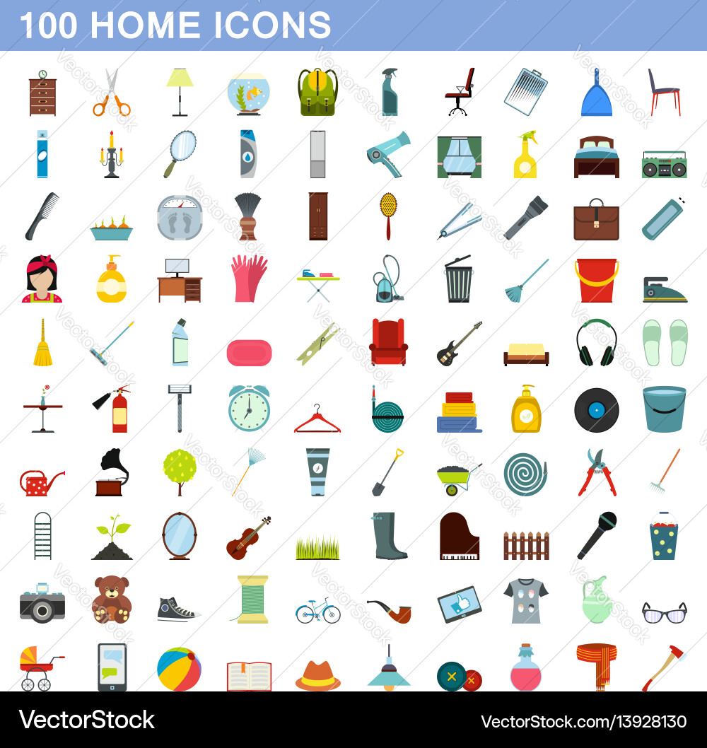 100 home icons set flat style Royalty Free Vector Image
