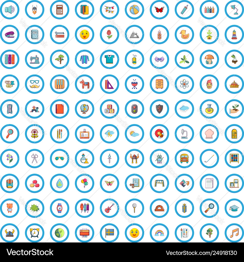 100 teaching icons set cartoon style Royalty Free Vector