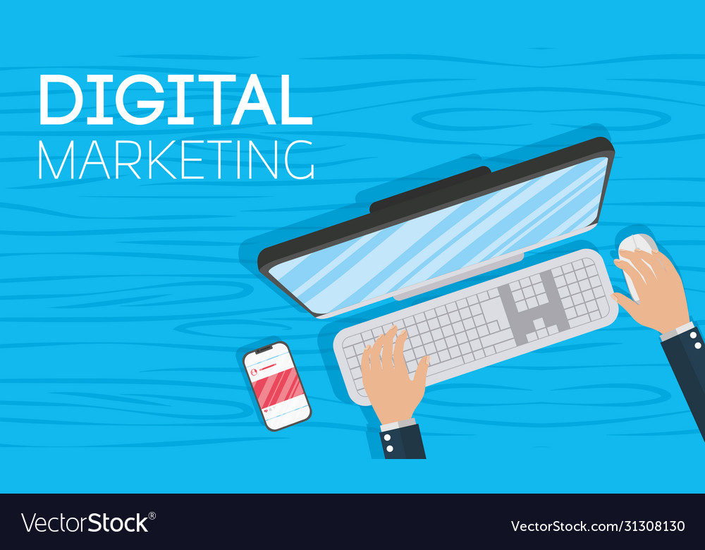 Digital marketing tech with laptop Royalty Free Vector Image