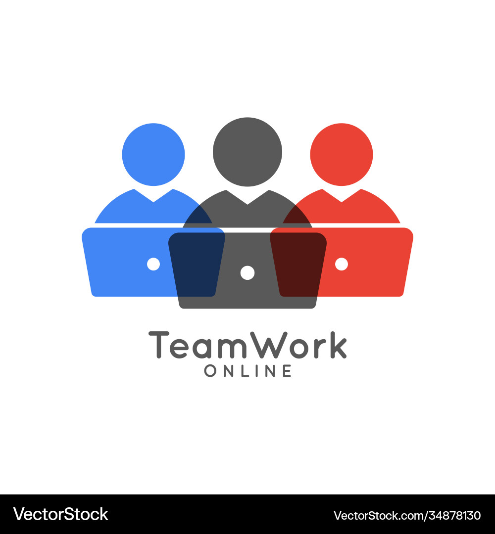 Online teamwork logo with people and laptops Vector Image