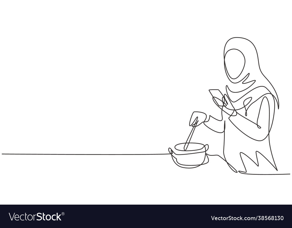 Single One Line Drawing Arabian Woman Is Cooking Vector Image