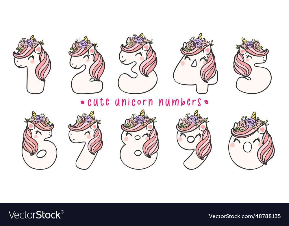 Cute floral unicorn numbers 0-9 collection Vector Image