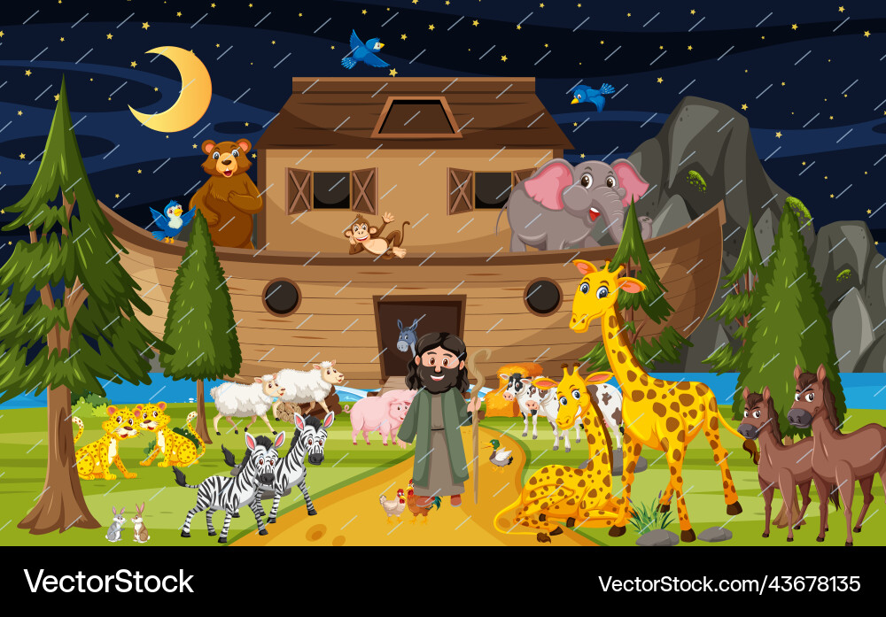 Forest scene with noahs ark with animals Vector Image