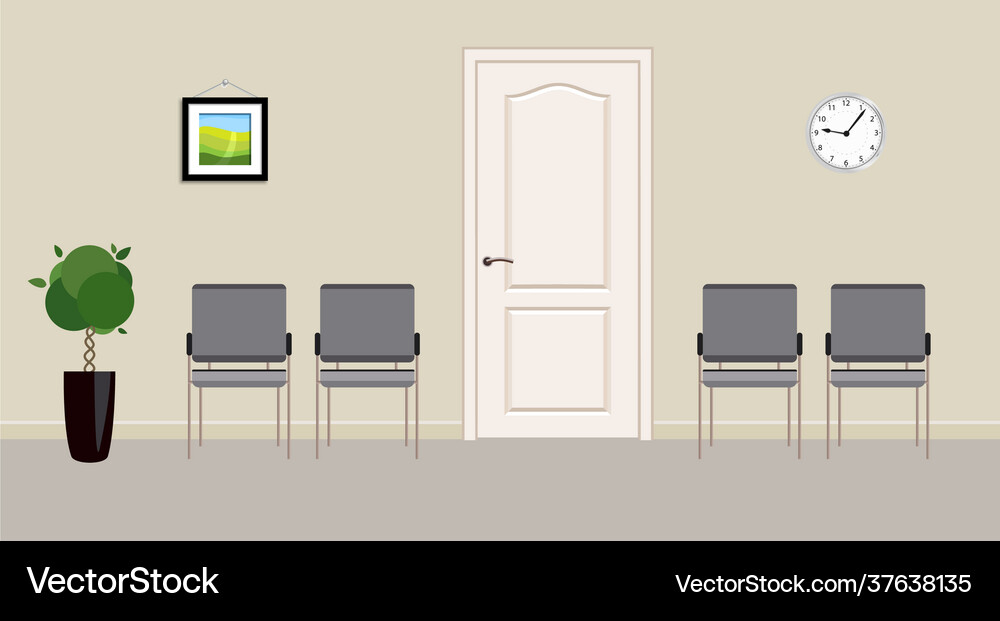 Four grey chairs and wall clock in waiting room Vector Image