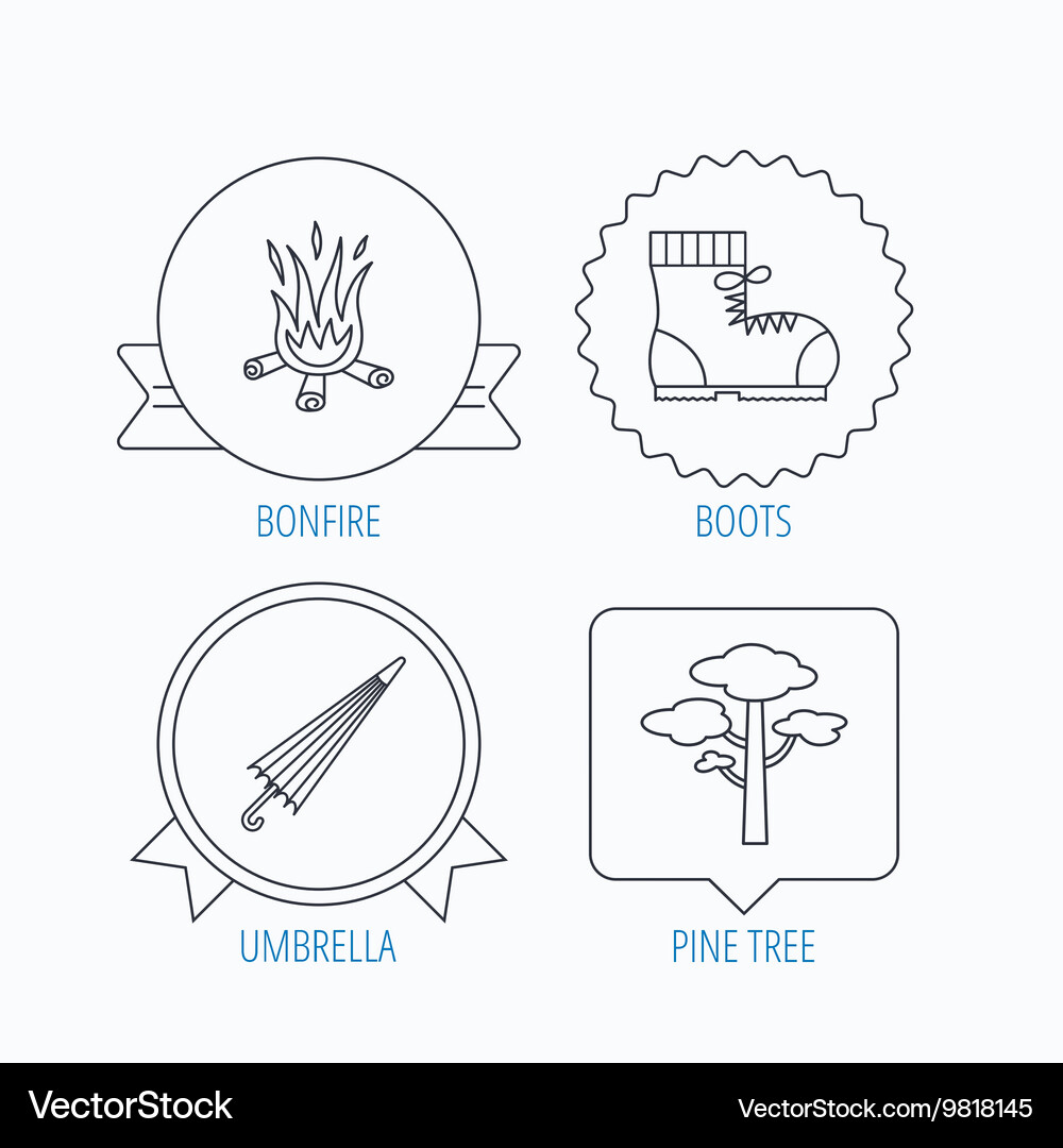 Pine tree bonfire and hiking boots icons Vector Image