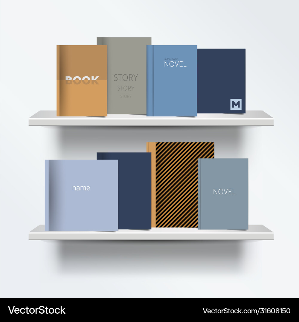 Bookshelf front view books cover standing Vector Image