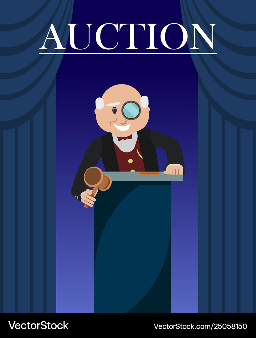 Old man auctioneer with hammer between curtains Vector Image