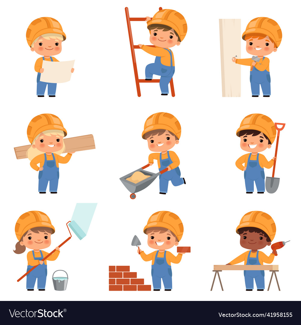 Little builders children with construction tools Vector Image