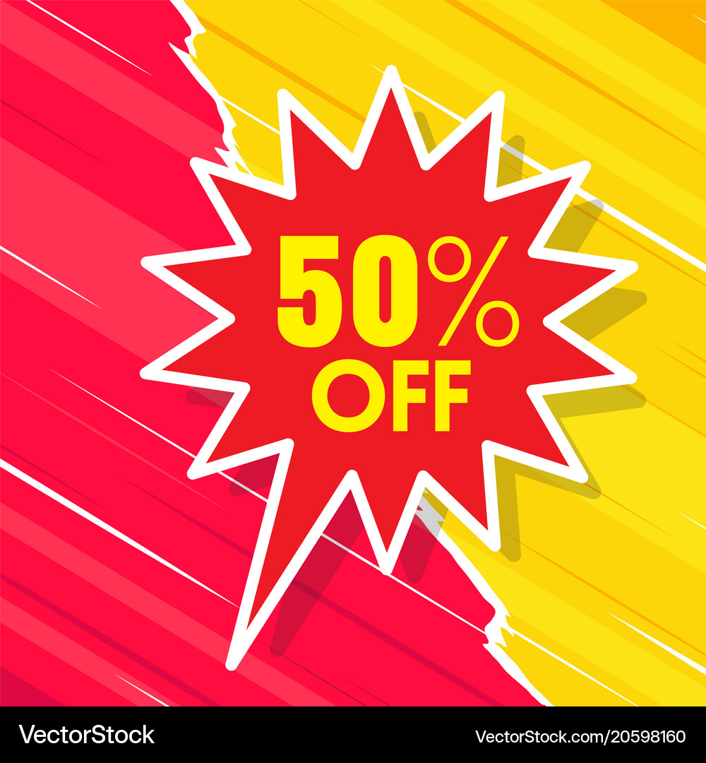 50 off red speech yellow background im Royalty Free Vector