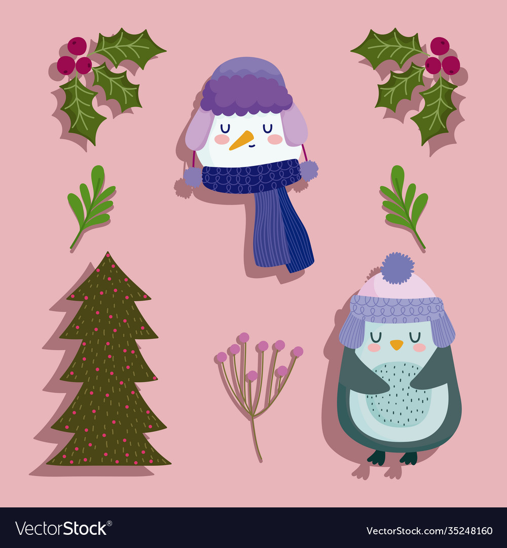 Happy new year snowman face penguin tree and holly
