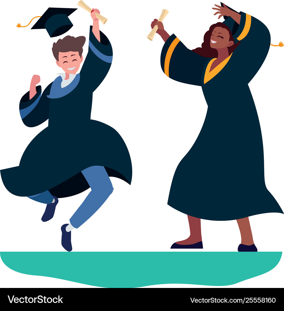 Interracial couple students graduated celebrating Vector Image