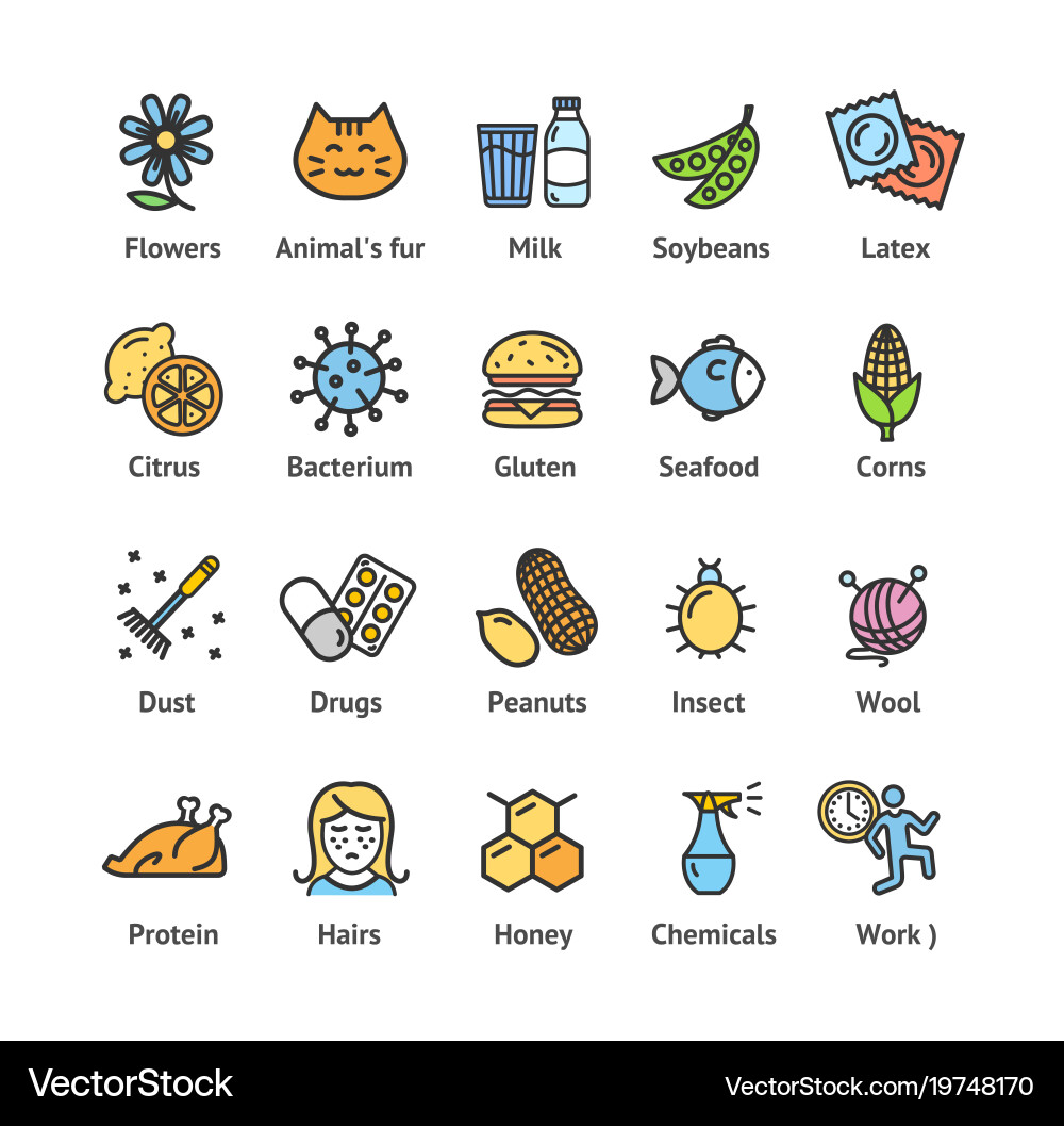 Allergens signs color thin line icon set Vector Image