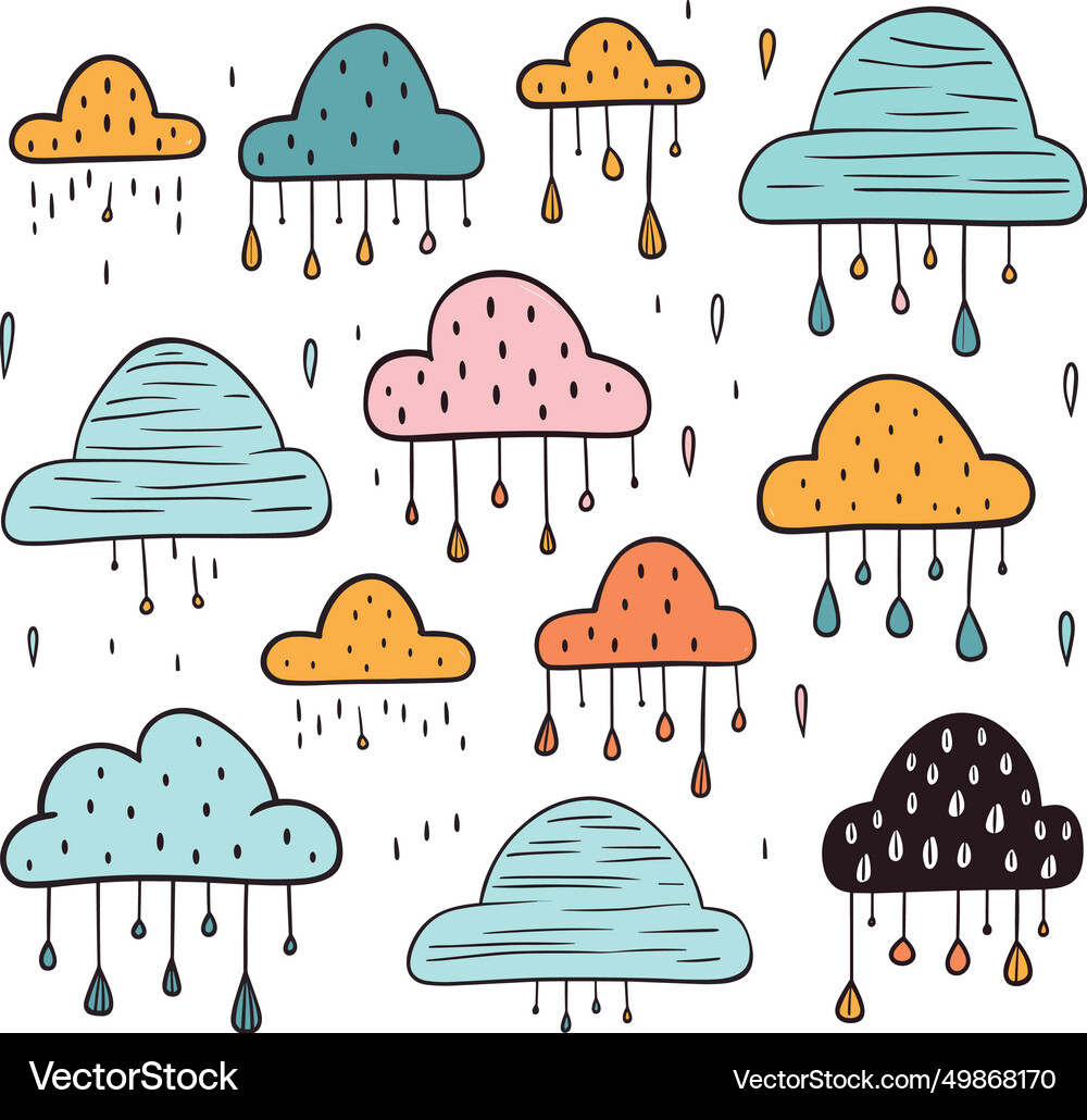 Colorful clouds with raindrops in various shapes Vector Image