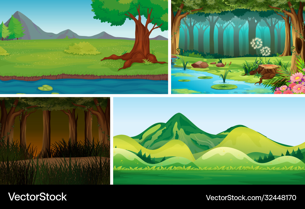 Four different nature scene forest and swamp Vector Image
