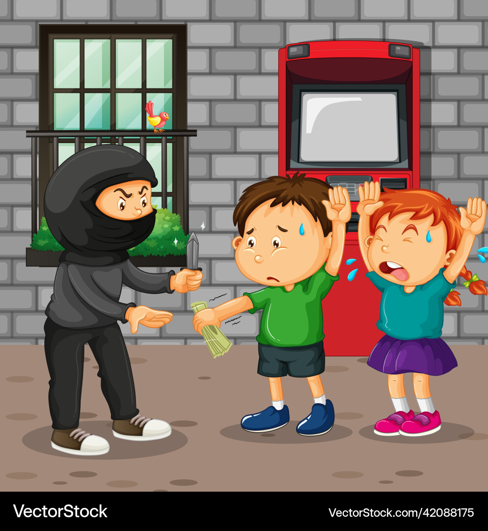 Atm scene with a boy threatened from a robber Vector Image