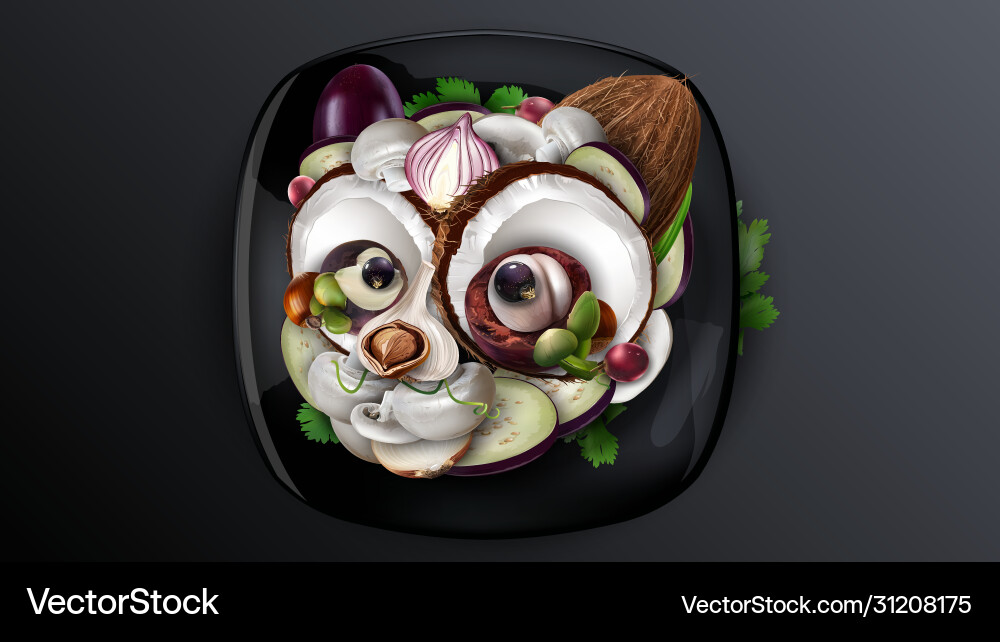 Cat head made food collage including vegetables Vector Image