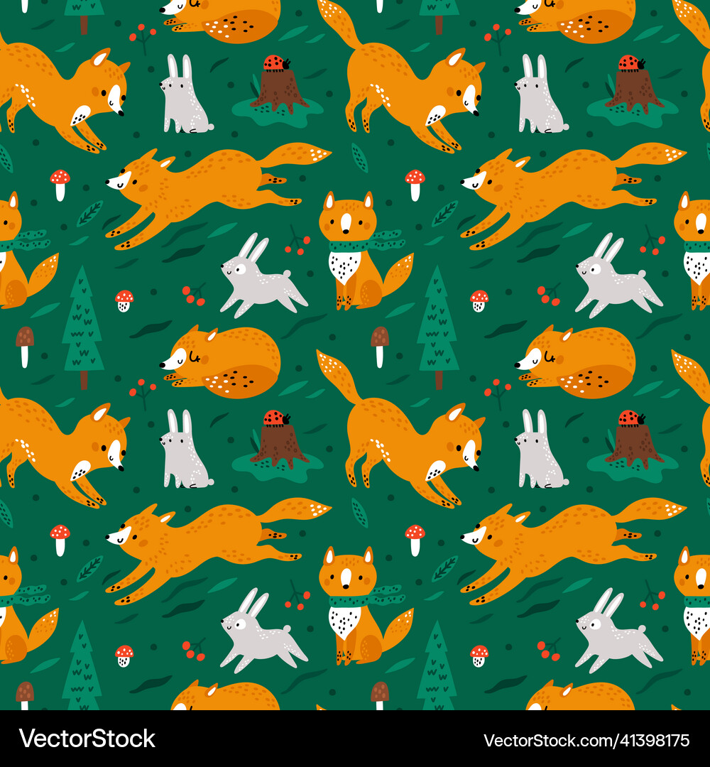Cute foxes and bunnies seamless pattern kids Vector Image