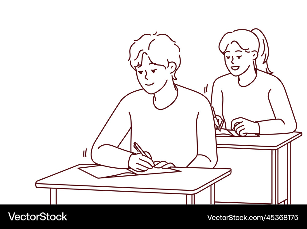 Smiling students sit at desk writing at lesson Vector Image