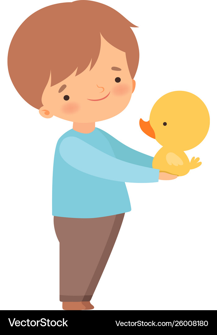 Cute boy holding chicken kid interacting with Vector Image
