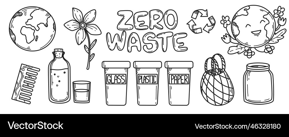 Doodle set of zero waste goods and eco objects Vector Image