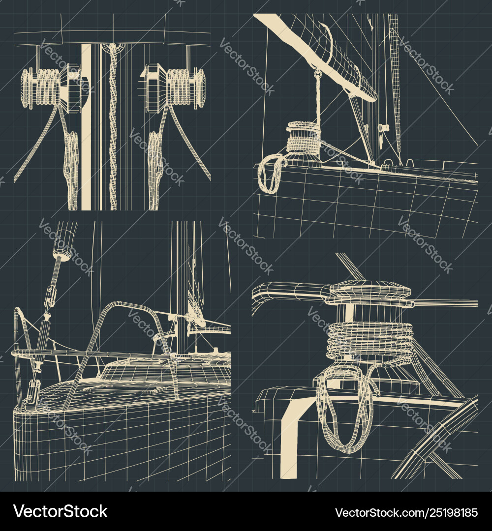 Drawings bow and winch sailing yacht Royalty Free Vector