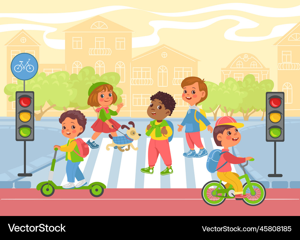 Kids Crossing Zebra Road Royalty Free Vector Image