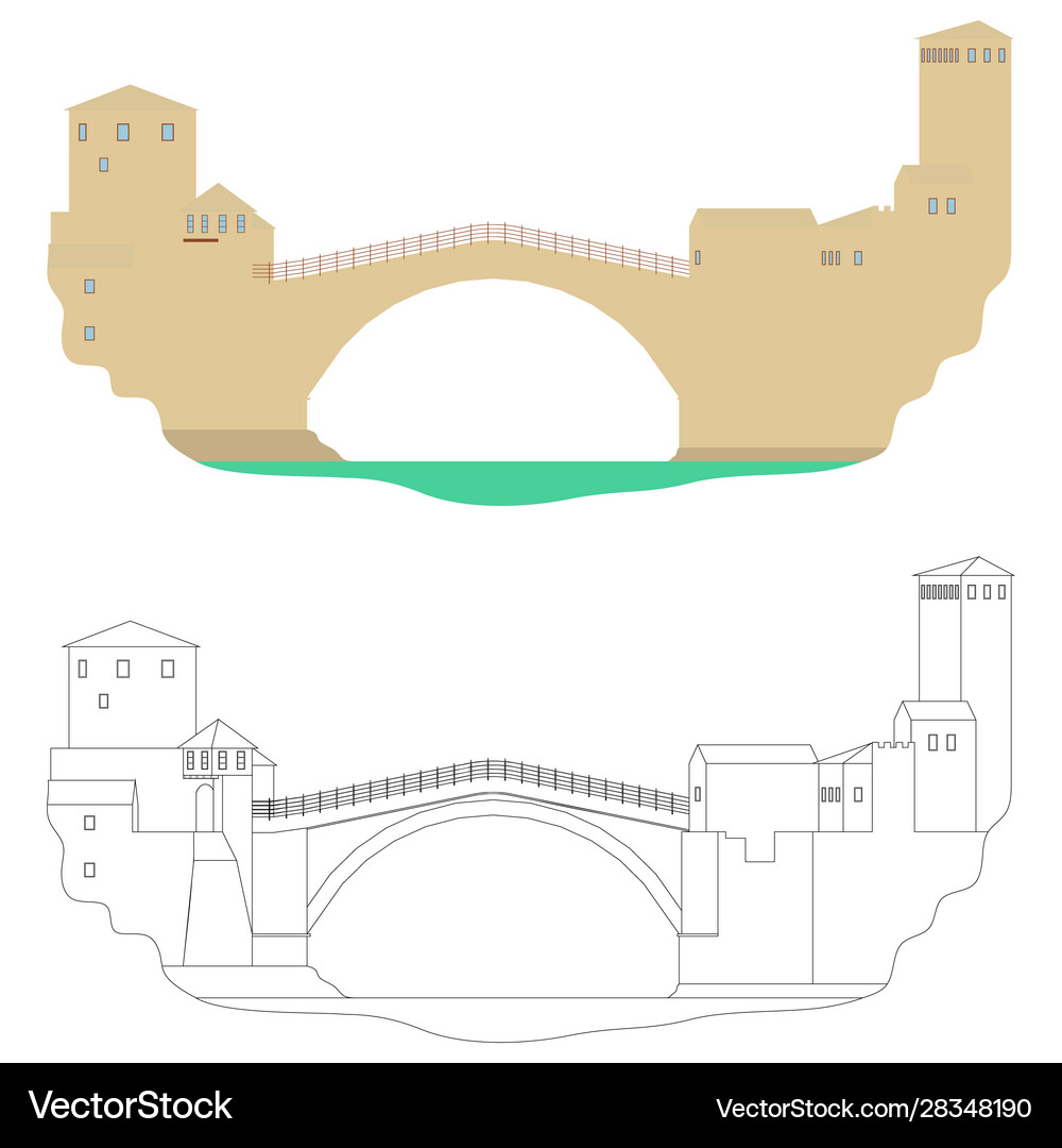 Ancient bridge mostar city colored and outline Vector Image