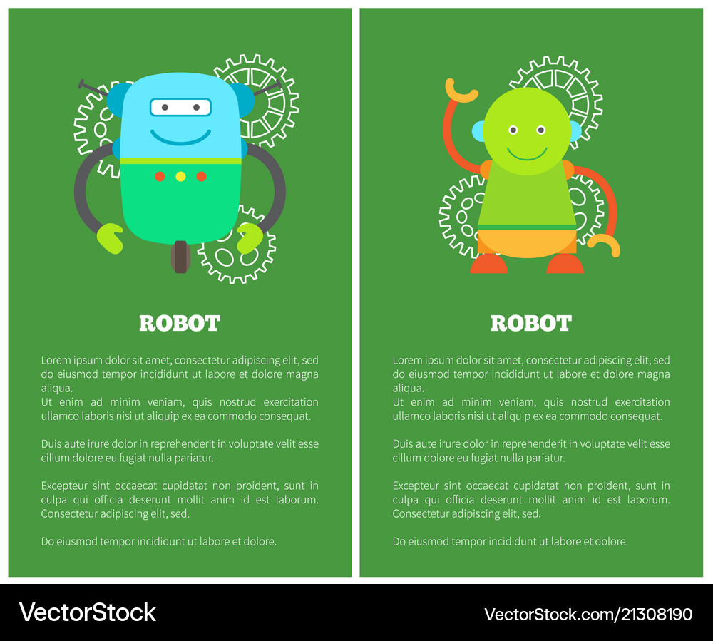 Funny mechanical robots on promotional posters set