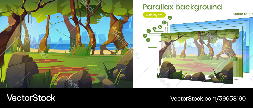 Parallax background with jungle forest and river Vector Image