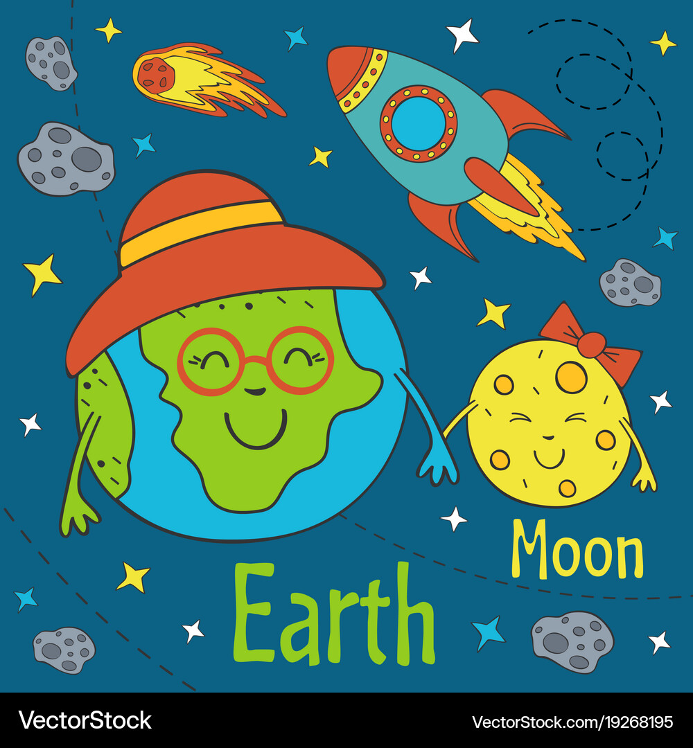 Cartoon funny earth with moon Royalty Free Vector Image