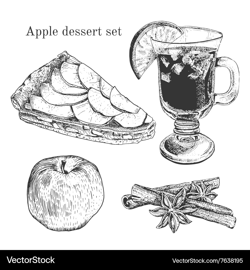Ink apple dessert set with apples cinnamon Vector Image