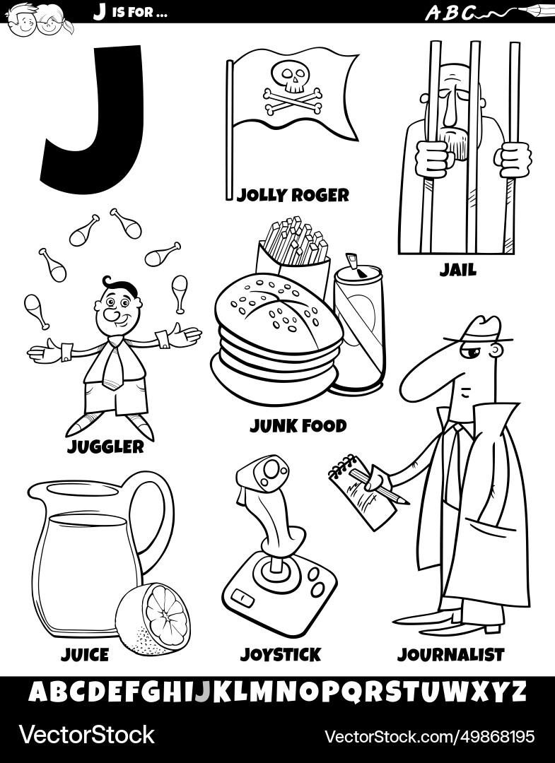 Letter j set with cartoon objects and characters Vector Image
