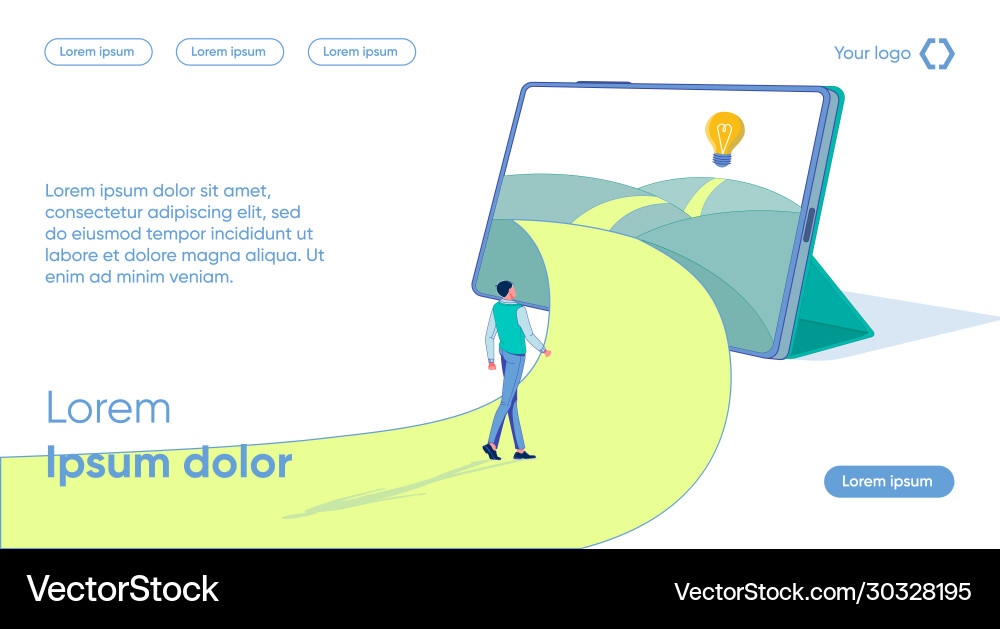Man follows path leading through tablet light bulb