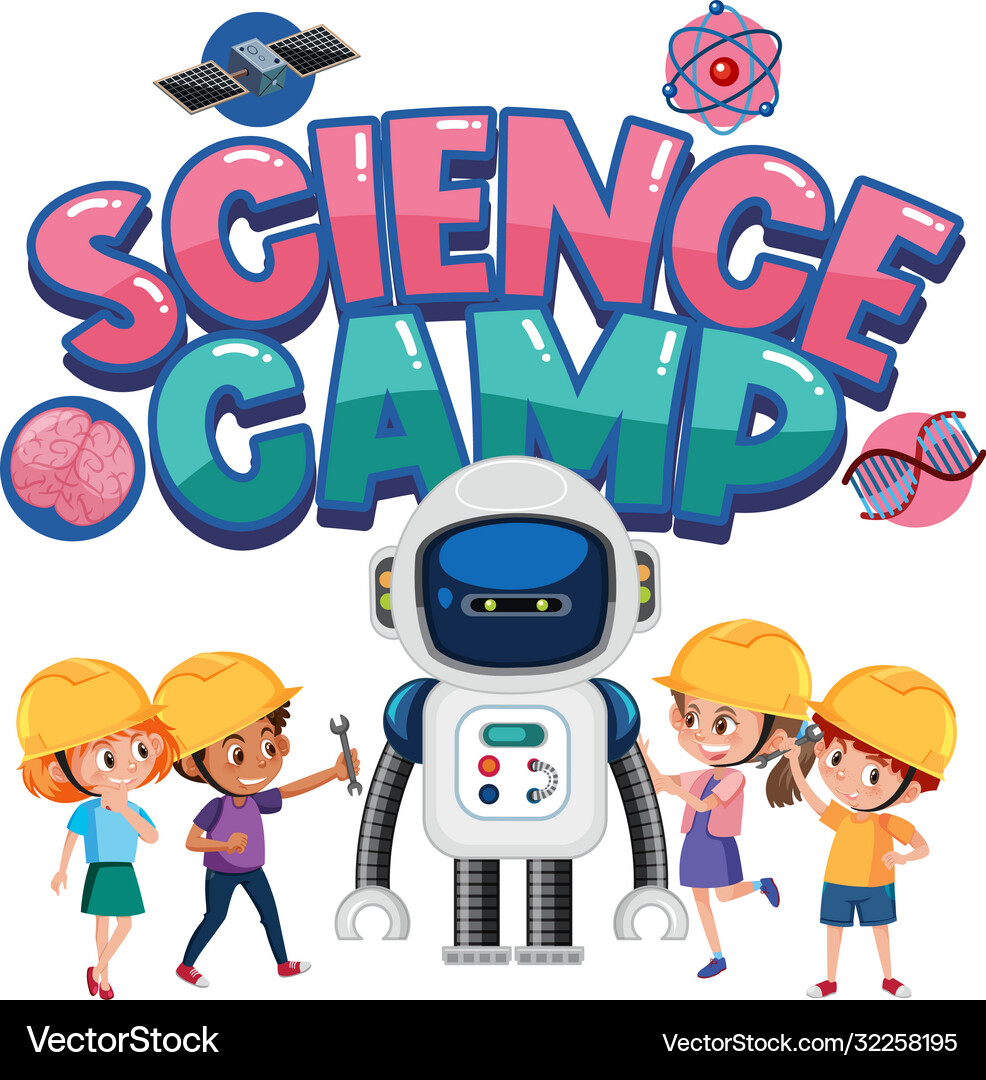 Science camp logo with children wearing engineer Vector Image