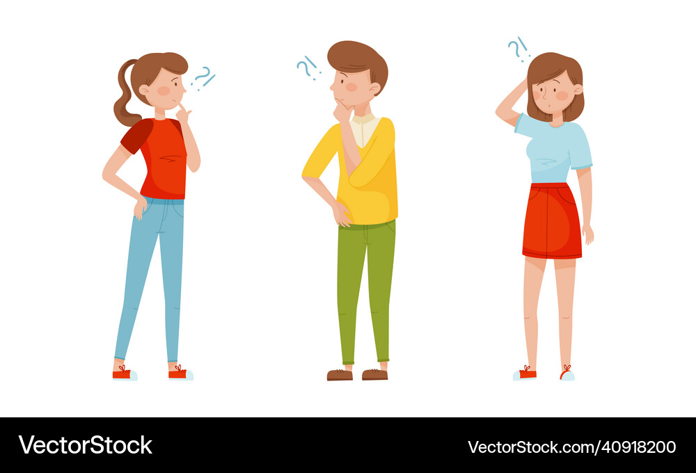 Thoughtful man and woman character with question Vector Image