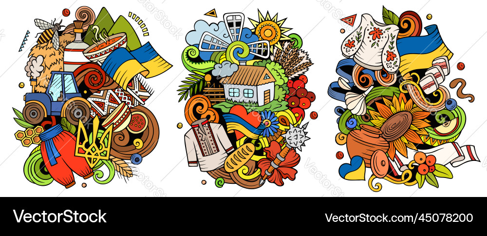 Ukraine cartoon doodle designs set Royalty Free Vector Image