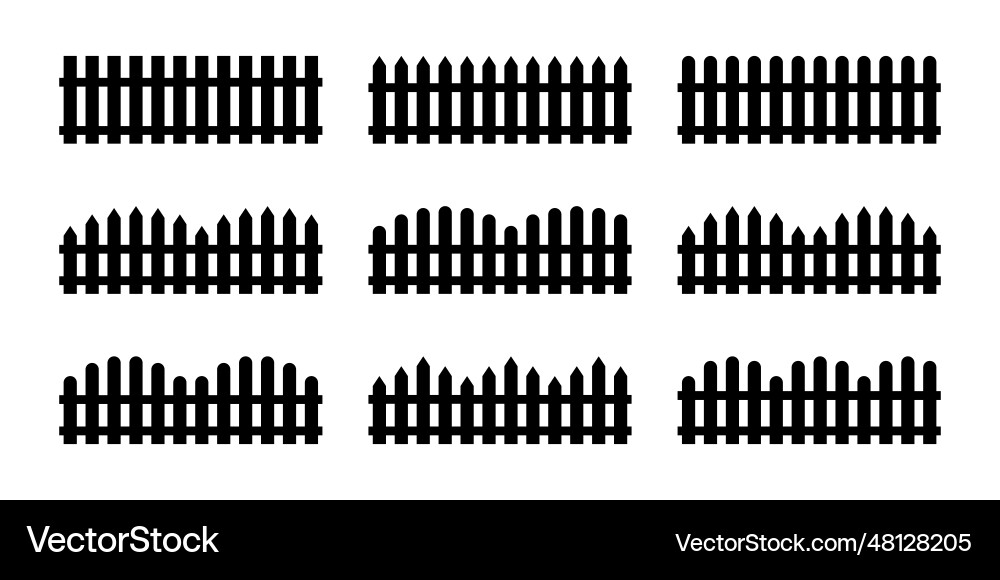 Set black silhouette picket fence repeat isolated Vector Image