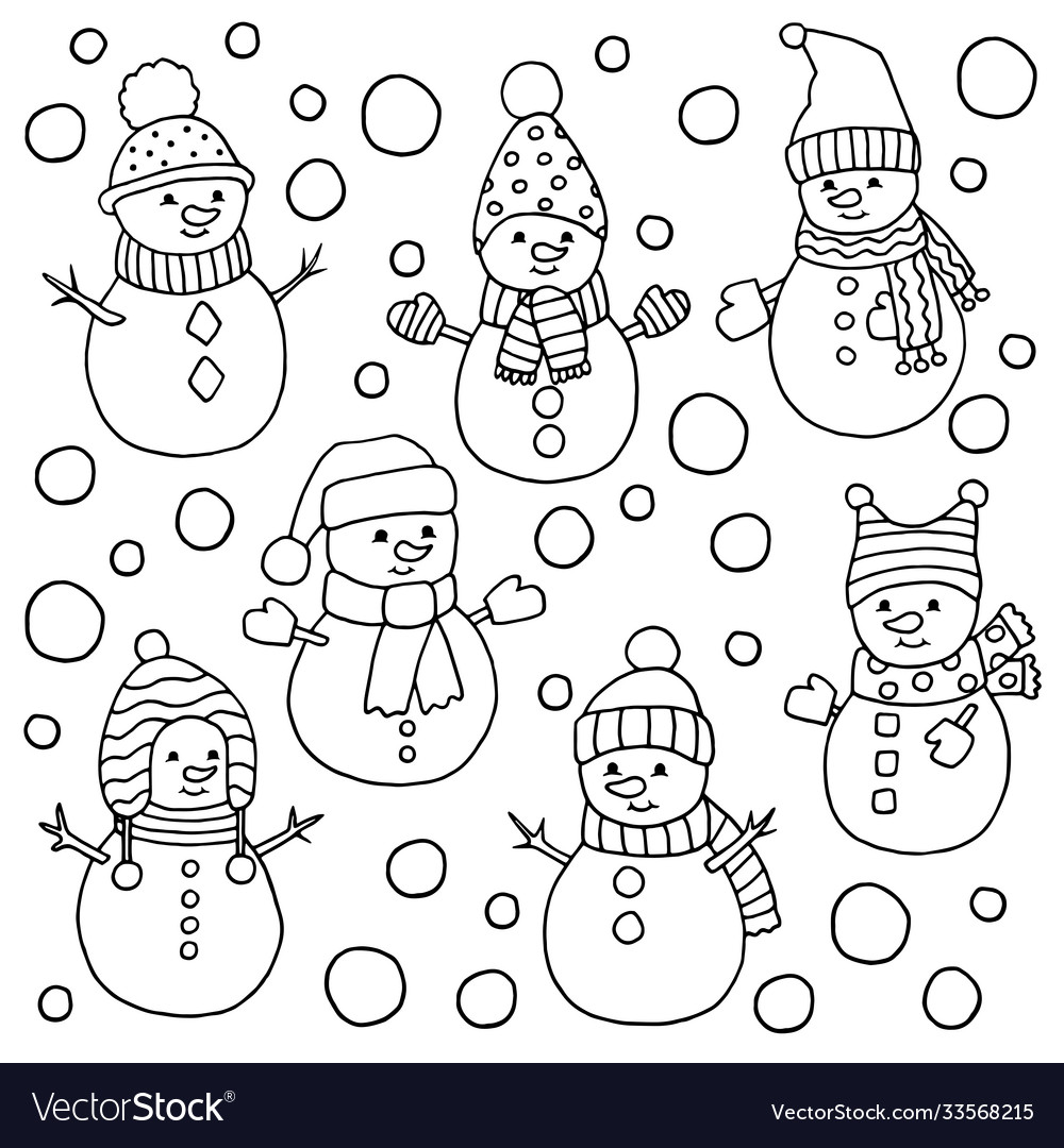 Set cute snowmen coloring page Royalty Free Vector Image
