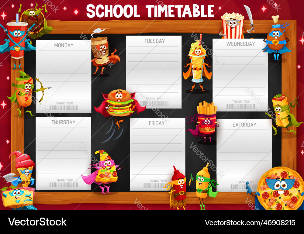 Timetable schedule with fast food hero characters Vector Image