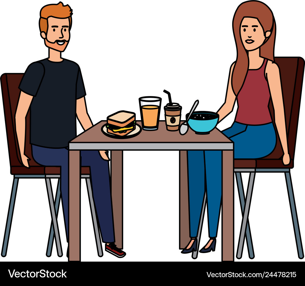Young couple eating in table characters Royalty Free Vector