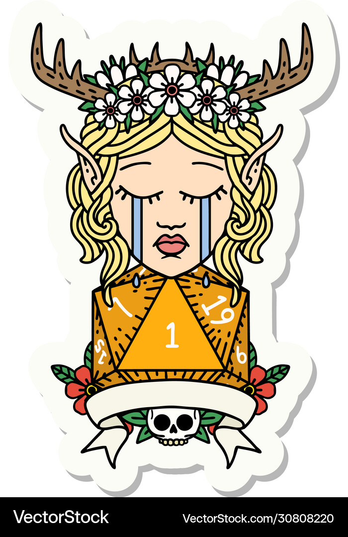 Sad elf druid character face with natural one d20 Vector Image