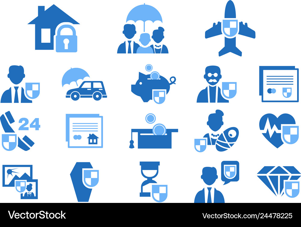 Diverse insurance blue icons set Royalty Free Vector Image
