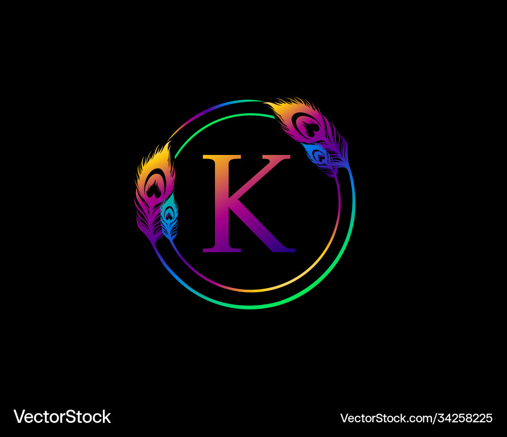 K letter decorated with exotic peacock feather Vector Image